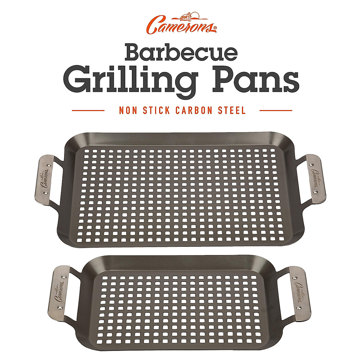 Camerons BBQ Grill Topper Grilling Pans (Set of 2 - Non-Stick Barbecue Trays w Stainless Steel Handles - Indoor Outdoor use for Barbecue & Smoked Meat, Vegetables & Seafood - Grill Accessory Gift Pack