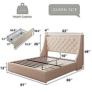Feonase Queen Bed Frame with 4 Storage Drawers, Type-C & USB Port and Charging Station, Upholstered Wingback Headboard and Storage Shelf, No Box Spring Needed, Easy Assembly, Beige