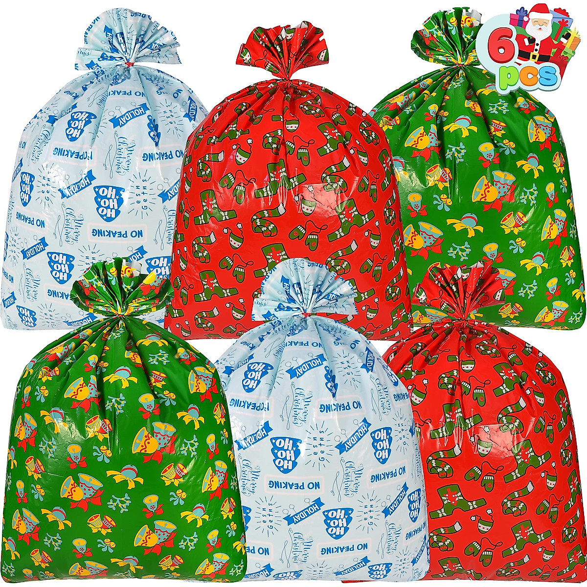 JOYIN 6 Pieces Christmas Giant Goody Gift Bags, Jumbo Size 43” X 36”, W/ Tie & Name Card Assortment for Holiday Treats, Oversize Xmas Gifts, Heavy Duty Party Favor Supplies, Christmas Goodie Large Bags