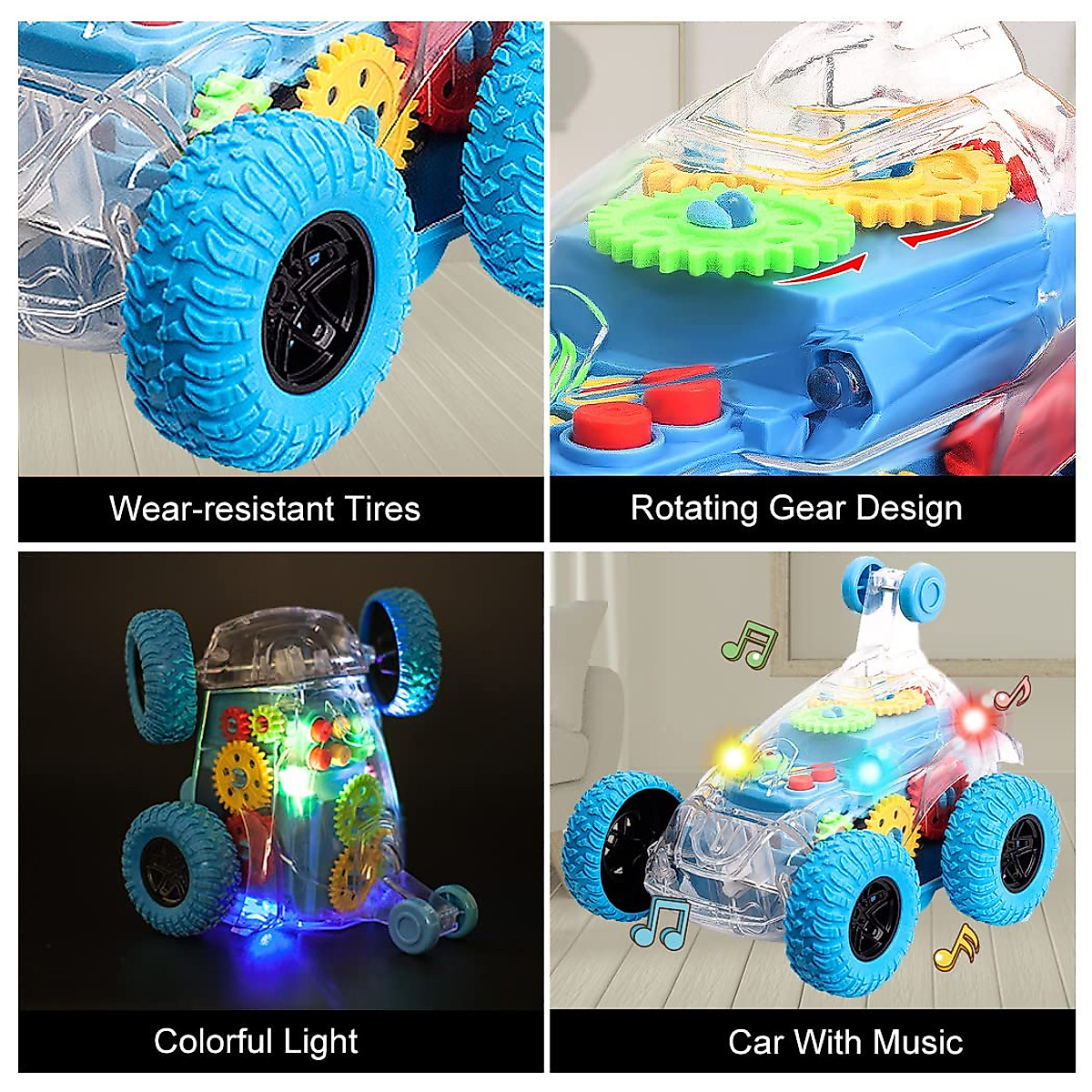 TAKIHON Car Toys for Boys,Monster Trucks with Music&Light,360° Rotating Stunt Cars,Transparent Mechanical Gear Flip Vehicles Toys,Gift for Kids,Toddlers