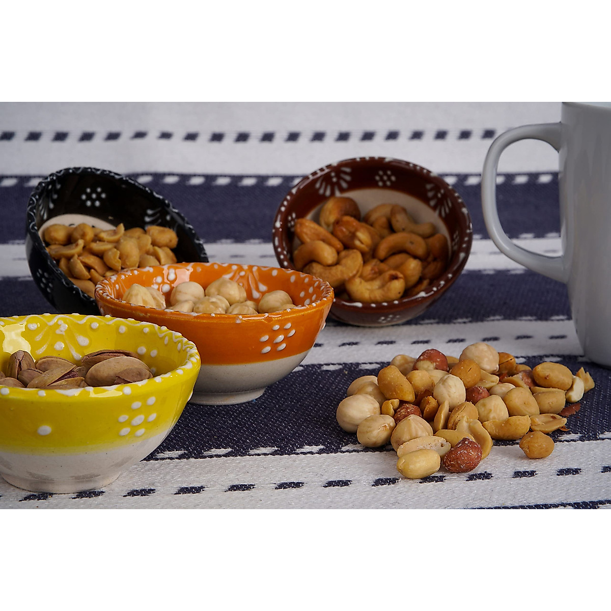 Silkroad Home Goodies Set of 4 Ceramic Sauce Dishes in Gift Box, Handprinted Turkish Pottery Mini Serving Plates