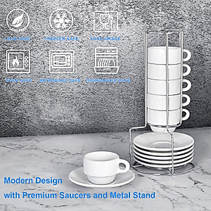 Lifecapido Espresso Cups and Saucers with Stand Rack, Porcelain Stackable Espresso Mugs, 2.5 Ounce Demitasse Cups Designed for Espresso, Latte, Cafe, Mocha - Set of 6 (White)