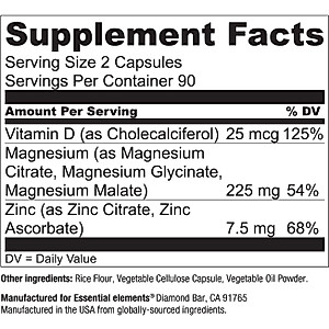 Essential Elements Magnesium & Zinc with Vitamin D3 for Sleep Immune & Bone Support - Magnesium Glycinate, Malate, Citrate 225mg - Triple Magnesium Supplement for Women and Men - 6 Month Supply