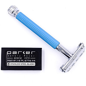 Parker 29L Blue, Long Handle Butterfly Open Double Edge Safety Razor for Men & Women, 5 Parker Premium Platinum Double Edge Razor Blades Included