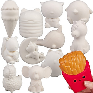 DIY Party Craft Kit Jumbo Blank Slow-Rising Squishies -12 Different 4-6" Designs -White Kawaii Sqwishy Toys for Painting, Soft Scented Stress Relief Art Crafts -Kids Holiday Birthday Activity Gift
