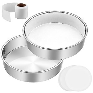 E-far 8 Inch Cake Pan Set of 2, Stainless Steel Round Layer Cake Baking Pans with Parchment Rounds & Side Liner Roll, Non-Toxic & Healthy Metal Cakes Tin, Straight Side & Dishwasher Safe