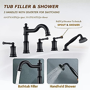 WINKEAR Roman Tub Faucet Set With Handheld Shower 5 Hole Deck Mount Tub Filler With Diverter, 3 Lever Handle Rough-in Valve and Water Supply Lines Included for Bathroom Tub, Matte Black