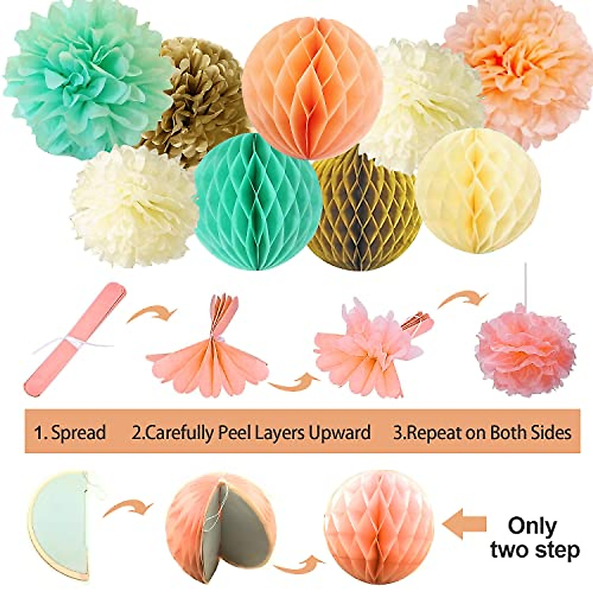 Birthday Party Decorations for Girls Women Her with Happy Birthday Banner,Honeycomb ball,Circle Dots Garland,Hanging Swirls Paper Pompoms,Paper Tassels Garland for Mint Green Gold Peach Birthday Decor