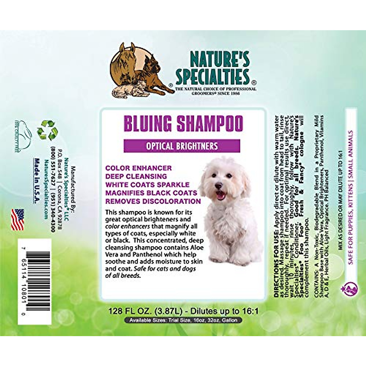 Nature's Specialties Bluing Ultra Concentrated Dog Shampoo for Pets, Makes up to 2 Gallons, Natural Choice for Professional Groomers, Optical Brightener, Made in USA, 16 oz