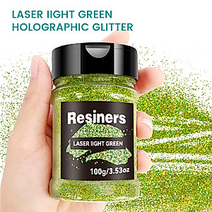 Resiners Holographic Ultra Fine Glitter Powder - 3.53oz/100g, 1/128" Metallic Epoxy Resin Glitter Sequins Flakes for Tumblers,Slime, Nails, Paint, Art Crafts - Laser Light Green