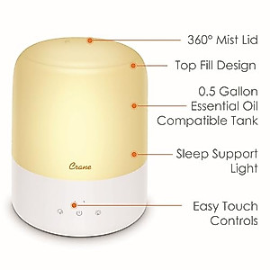 Crane Ultra-Quiet 3-in-1 Humidifier, Essential Oil Aroma Diffuser & Soothing Sleep Light - Compact 0.5 Gallon Capacity with Adjustable Night Light & Fragrance Tray - Ideal for Bedroom, Office, Nursery