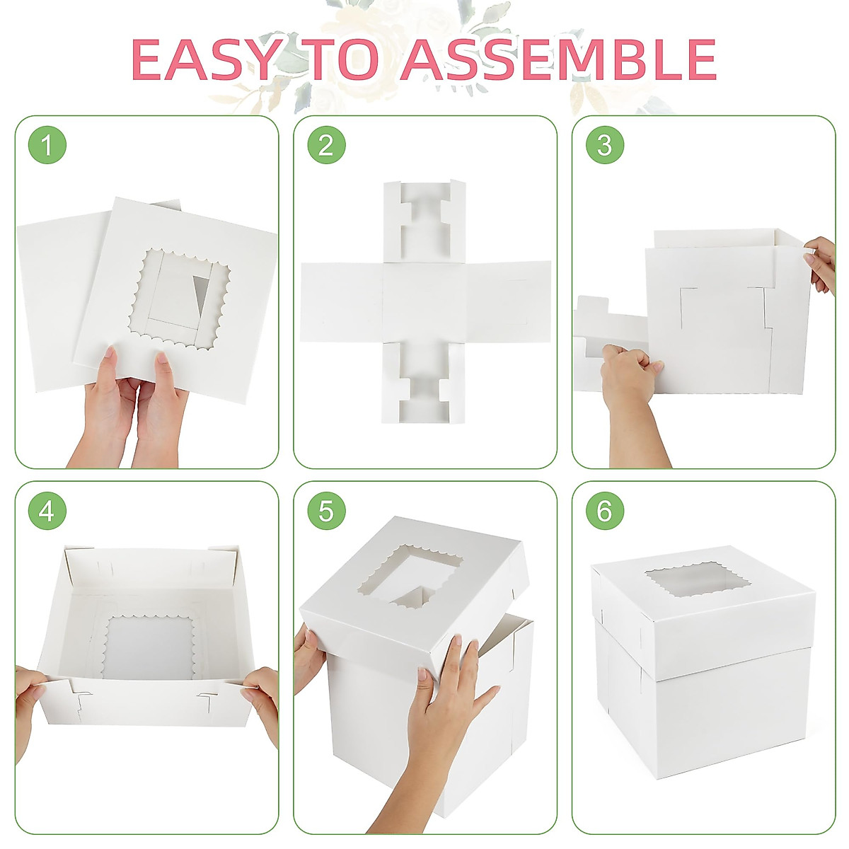 LotFancy Tall Cake Boxes with Window, 3 Sizes 12Pcs 12 x12 x 12, 10 x10 x 10 and 8 x 8 x 8 Inch Cake Carrier, White Bakery Boxes, Cardboard Cake Containers for Wedding Birthday