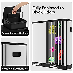 SunsGrove Trash Can 60L/16 Gallon Dual Trash Bin Recycle Bin with Dual Compartments Stainless Steel Step Garbage Can with Soft-Close Lid & Foot Pedals Recycling Bin for Kitchen/Office