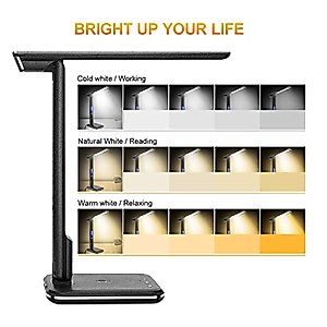 LED Desk Lamp with Wireless Charger, Foldable Touch Console Light, Date,Calendar,Temperature,Clock Display Function, 5-Level Dimmable Lighting, Suitable for Home Office, Reading, Work,study (Black)