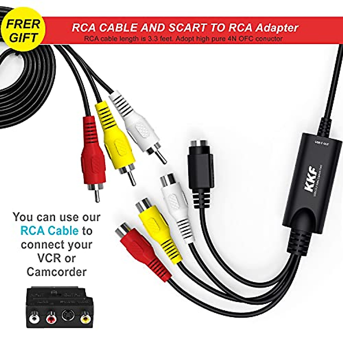 Kkf VHS to USB RCA Converter, Analog to Digital Video, Digital Video for VCR DSLR TV Box DVD Camera PS3 PS4,USB 2.0 Audio Capture Card Transfer Collector (RCA to USB C)