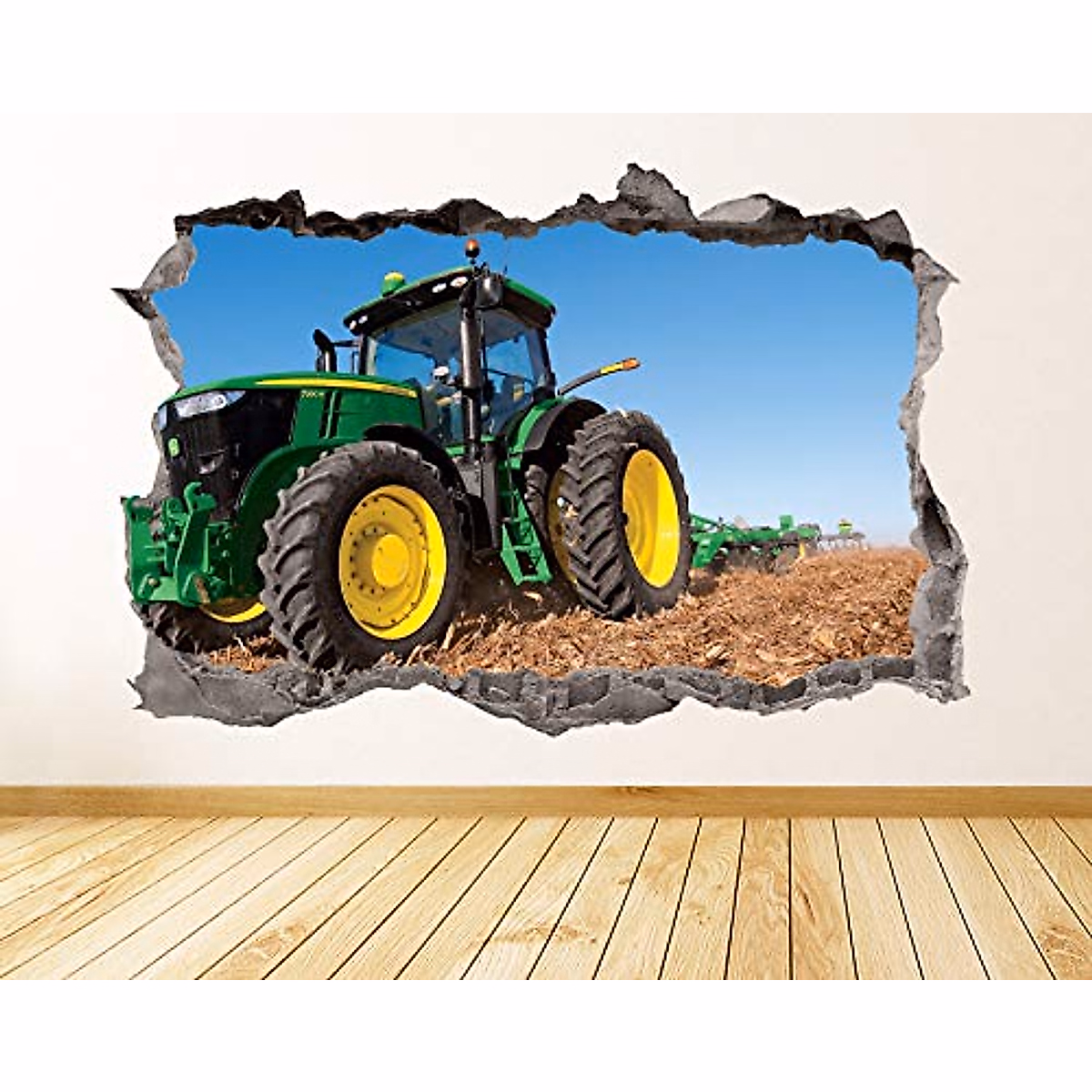 Green Tractor Wall Decal Art Decor 3D Smashed Concrete Farm Sticker Kids Bedroom Mural Custom Gift UP26 (24"W x 16"H)
