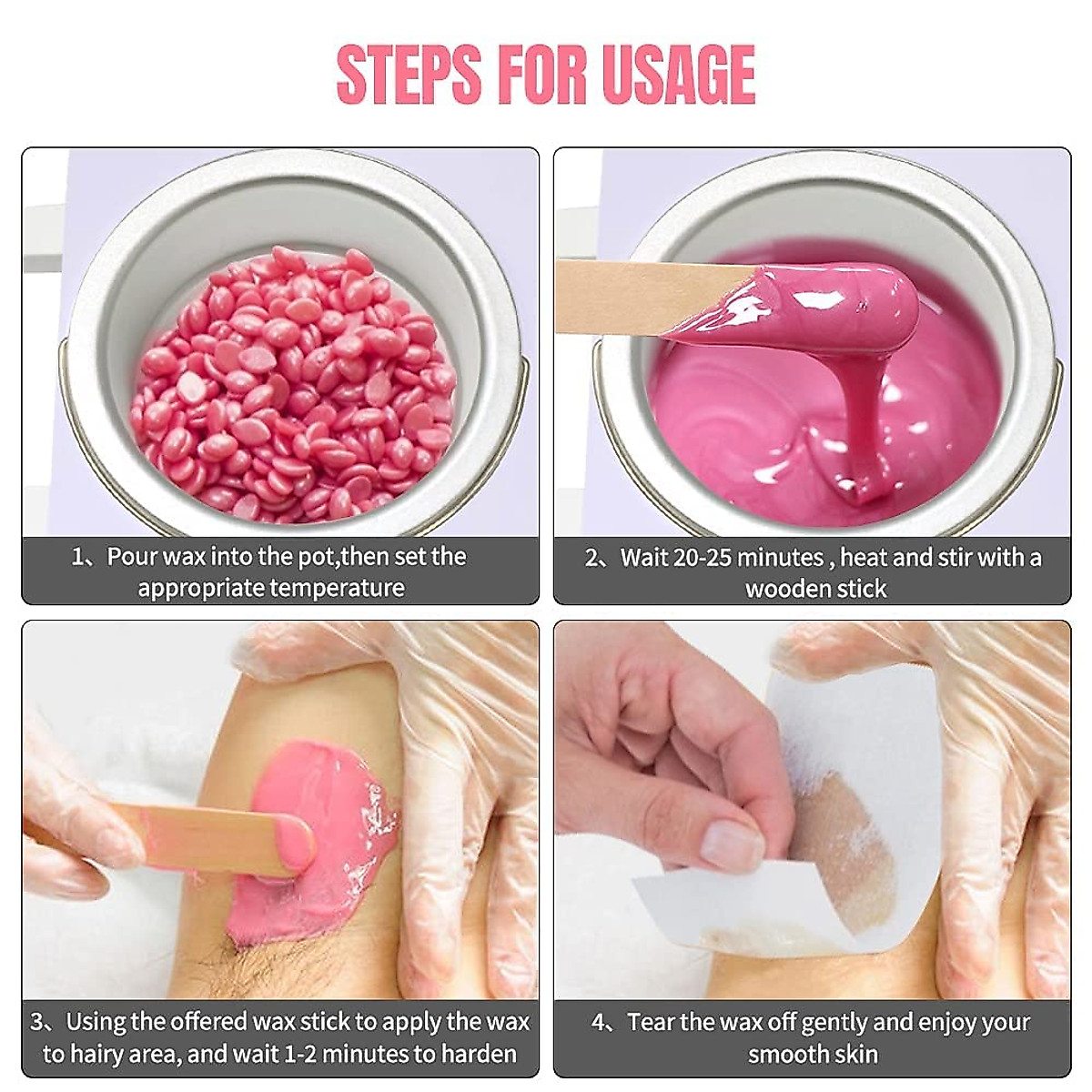 Double Wax Warmer Kit, Professional Dual Waxing Pot with 4 Pack Wax Beans 100pc Wooden Sticks,110V Electric Heater Machine for Hair Removal Home/Salon/SPA Adjustable Temperature