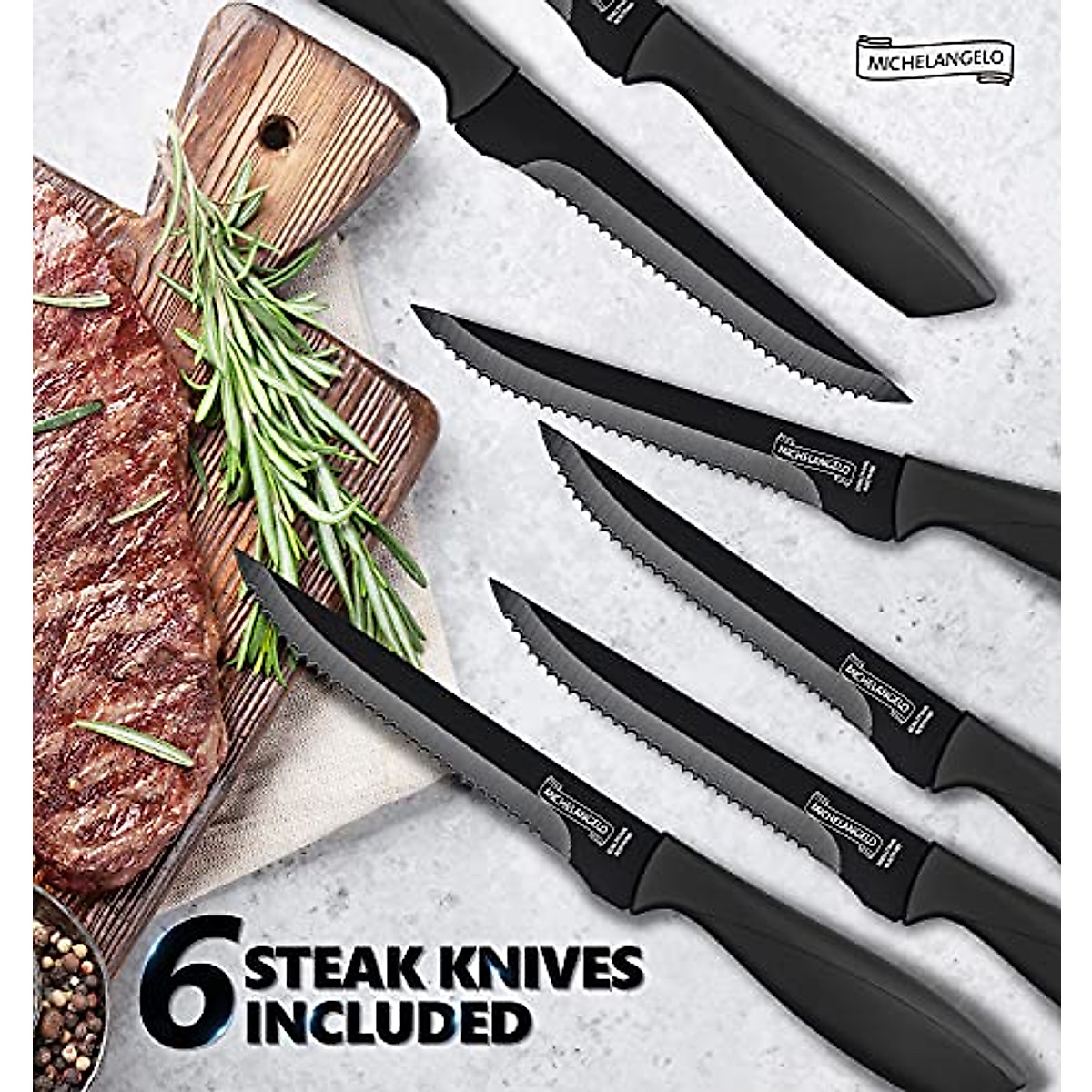 MICHELANGELO Kitchen Knife Set with Block, Sharp Black Knife Set for Kitchen, 16 Piece Stainless Steel Cooking Knife Set with Sharpener, Includes Steak Knives Set, Chef Santoku Knives, Black