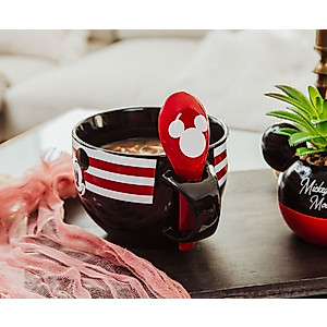 Disney Mickey Mouse Red-Striped Ceramic Soup Mug With Spoon | Holds 24 Ounces