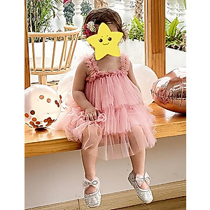 AGQT Baby Girls Tulle Tutu Dress Toddlers Tulle Layered Lace Dresses Sleeveless Princess Party Dress Summer Ruffles Sundress with Flower Headband Pink Size 12-18 Months