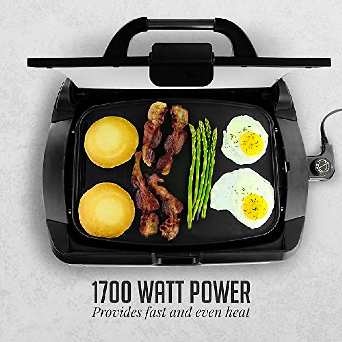 Ovente 2-in-1 Electric Grill and Griddle with Removable Tempered Glass Cover, 1700W Fast Heating Ceramic Non-Stick Plate Perfect for Indoor BBQ Cooking Breakfast, Pancake, Bacon and Egg, Black GR2001B