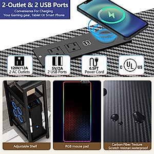 Lomie Computer Desk with Power Outlet & Led Light, 63" Large Wing-Shaped Gaming Desk with Full Monitor Stand, Wireless Charging, RGB Mouse Pad,Headphone Hook,Studio Desk with Storage Shelf for Live