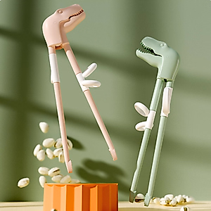 Training Chopsticks - Cute Beginner Chopsticks - Children's Cutlery and Learning Utensils With attachable Trainer - Encourage Fine Motor Skills and Healthy Eating Habits - Green Dinosaur