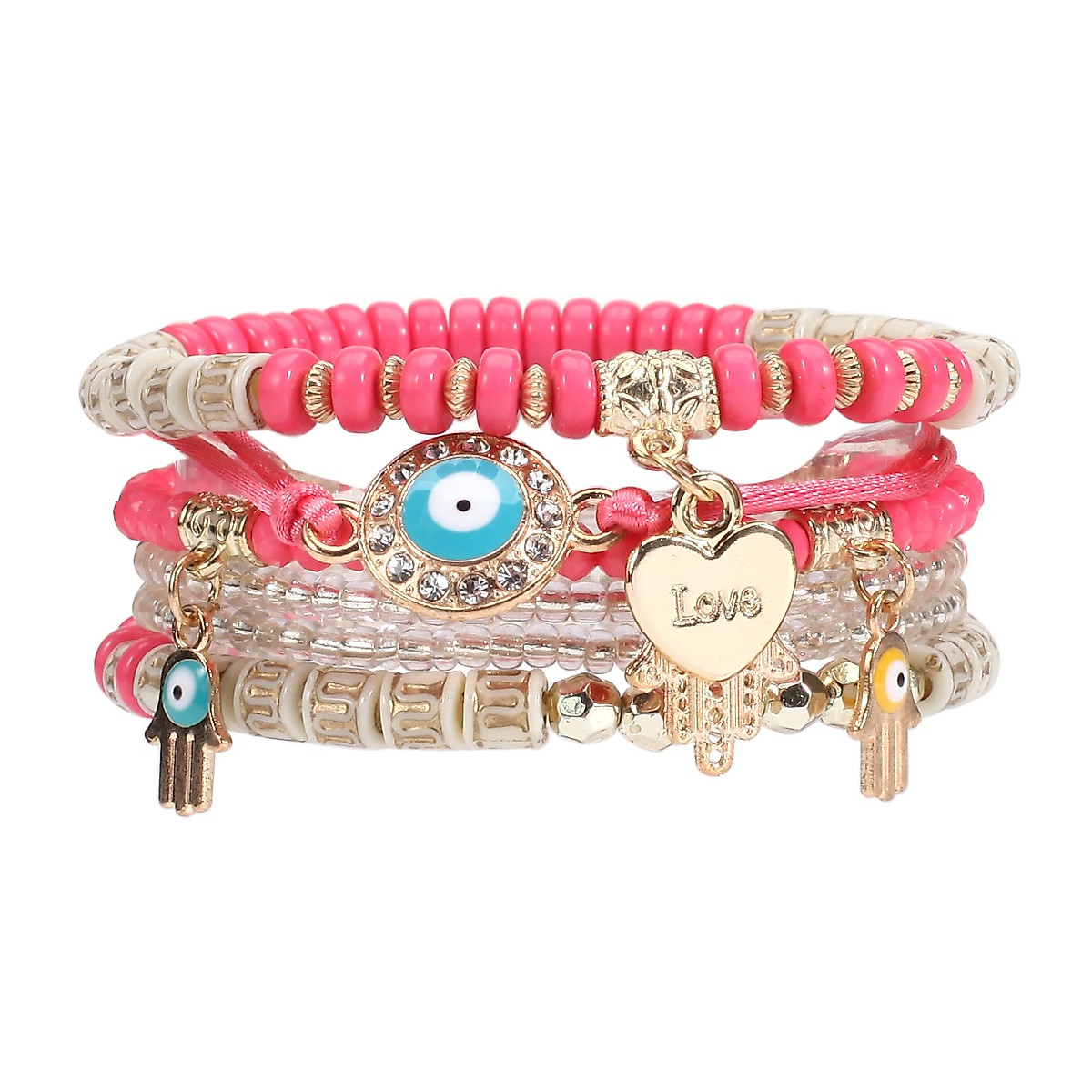 WuCuifu Stackable Bracelets for Women - 8 Packs Bohemian Stretch Bracelets Multi-color Jewelry for Women Evil Eyes Bracelets, Pink