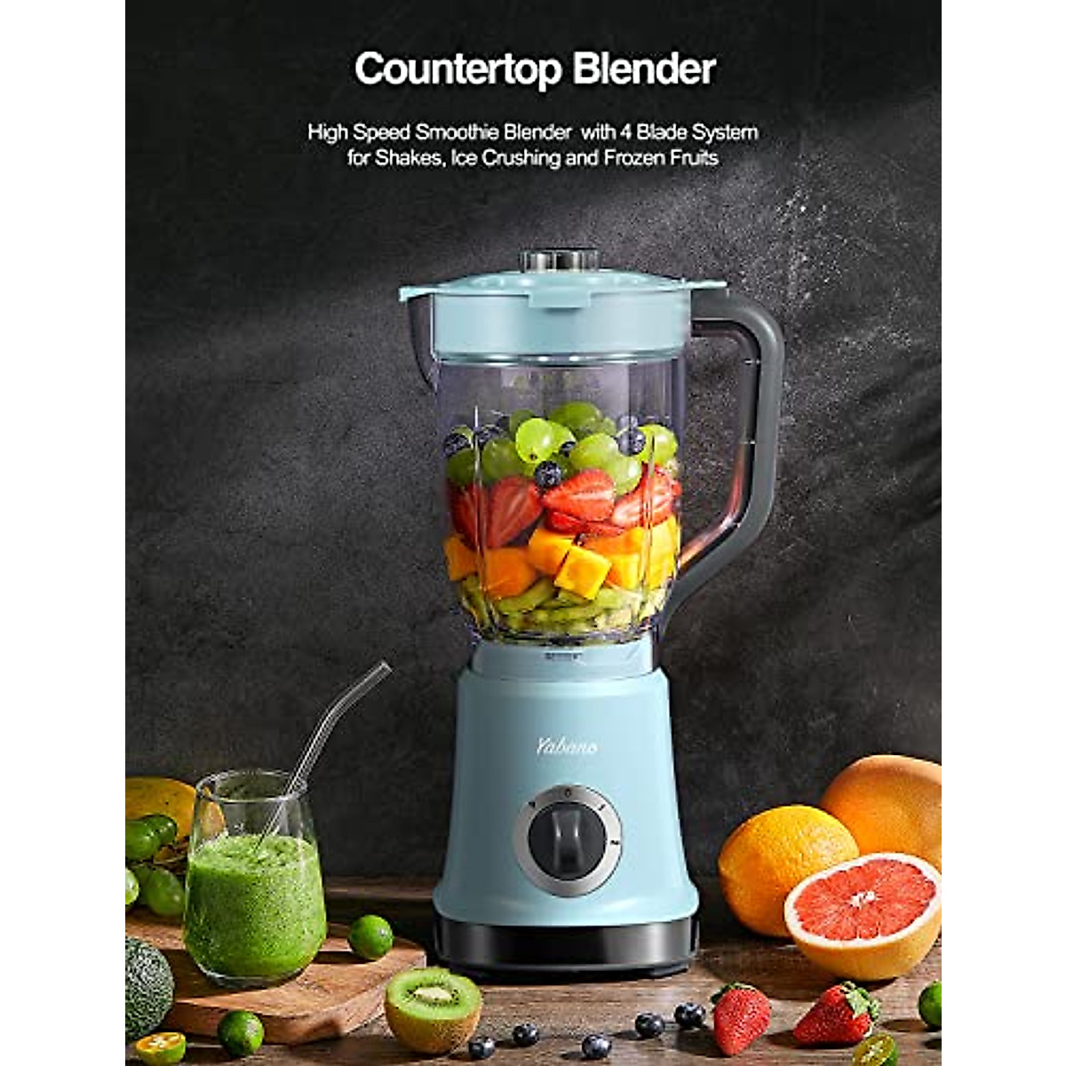 Yabano 60 oz Blue Food Blender with Removable Blade, High-Speed Performance, Crushes Ice and Frozen Fruits, Easy to Clean, Versatile Juicing Capabilities, Stylish and Durable