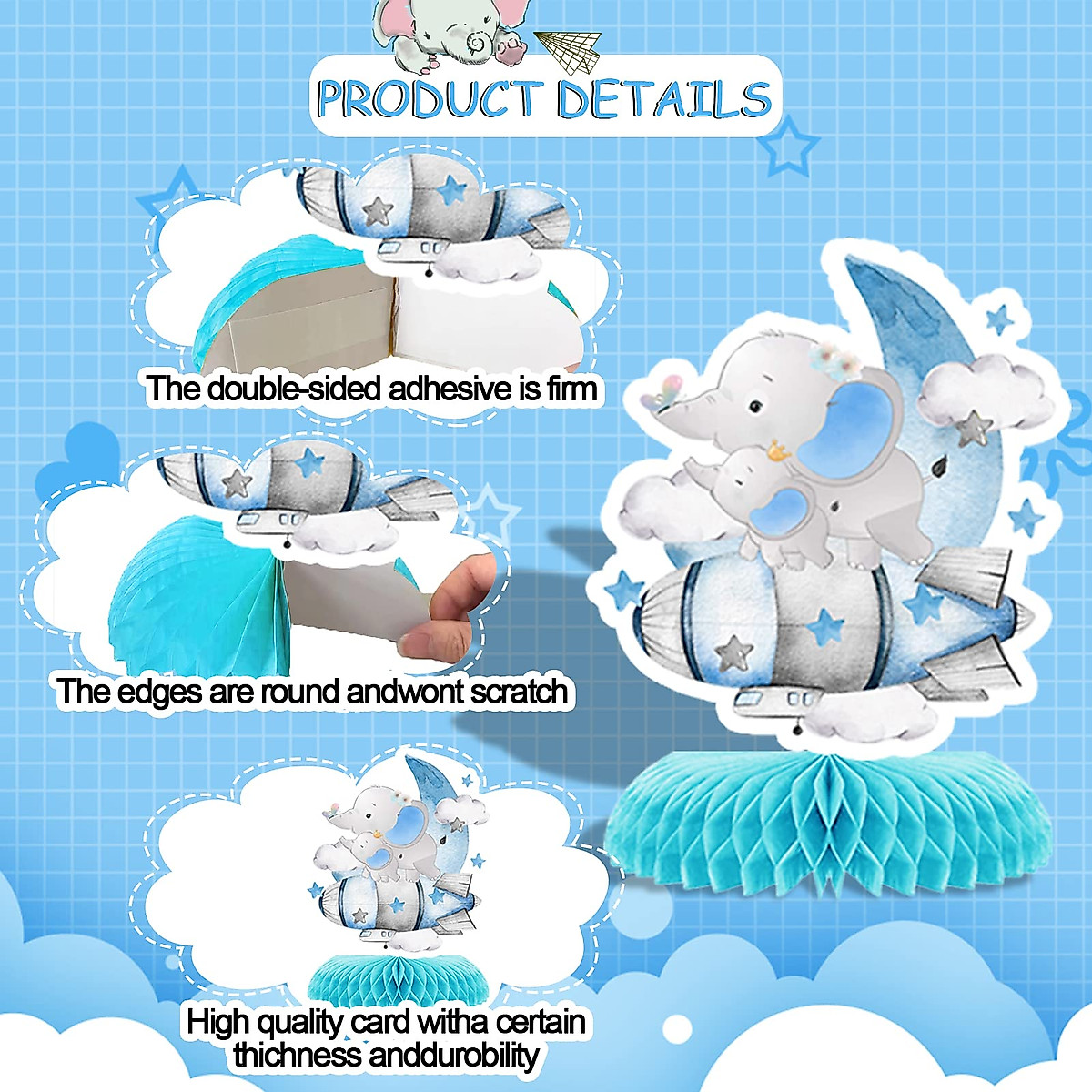 9 Pcs Elephant Baby Shower Honeycomb Centerpieces Party Decor for Boys,Cute Blue Elephant Honeycomb Balloons Star Moon Topper 3D Table Decoration for Kids Party Baby Shower Party Photo Props Supplies