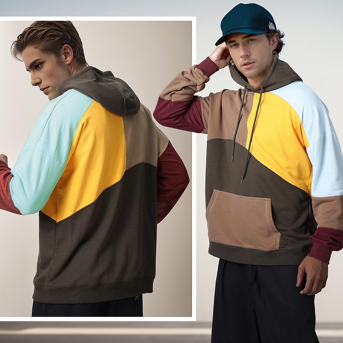 XIAOYAO Men's Fashion Hoodies Techwear Contrast Color Oversize Sweatshirts, Unisex Lightweight Patchwork Hip Hop Pullover Khaki