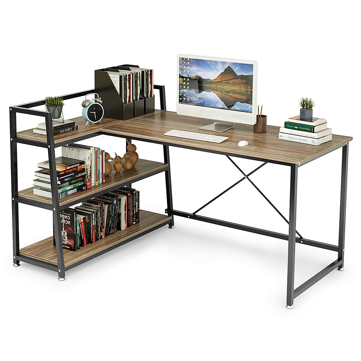 Cyfie L-Shaped Computer Desk with Bookshelf Switchable 3-Tier Storage Shelf, 60'' Corner Writing Desk, X-Frame Reinforced Design Workstation Gaming Table for Rental House, Home, Office, Bedroom, Study