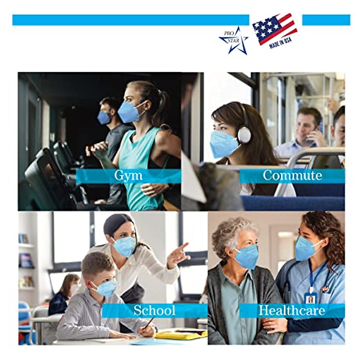 ProStar Respirator Face Mask, Fold-Style with Ear Loops, Made in USA, 20pcs, 4-Layer ≥ 95% Filter Efficiency, Blue Mask