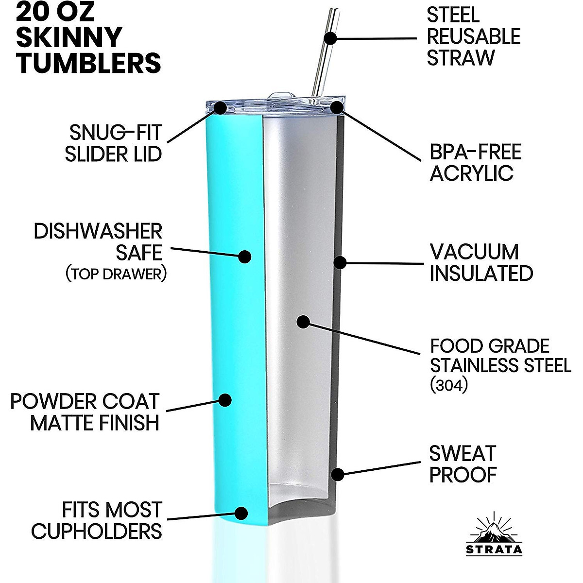 STRATA CUPS Multicolor Skinny Tumbler with Lid and Straw (4 Pack) - 20 Oz Double Wall Insulated Stainless Steel Slim Tumbler with Straw Cleaner, Reusable Metal Tumbler for Hot and Cold Drinks