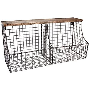 Spectrum Diversified Vintage Double Bin with Wood Storage Wall-Mounted Wire Basket & Wood Shelf, Farmhouse Style Entryway Storage & Organization, Industrial Gray