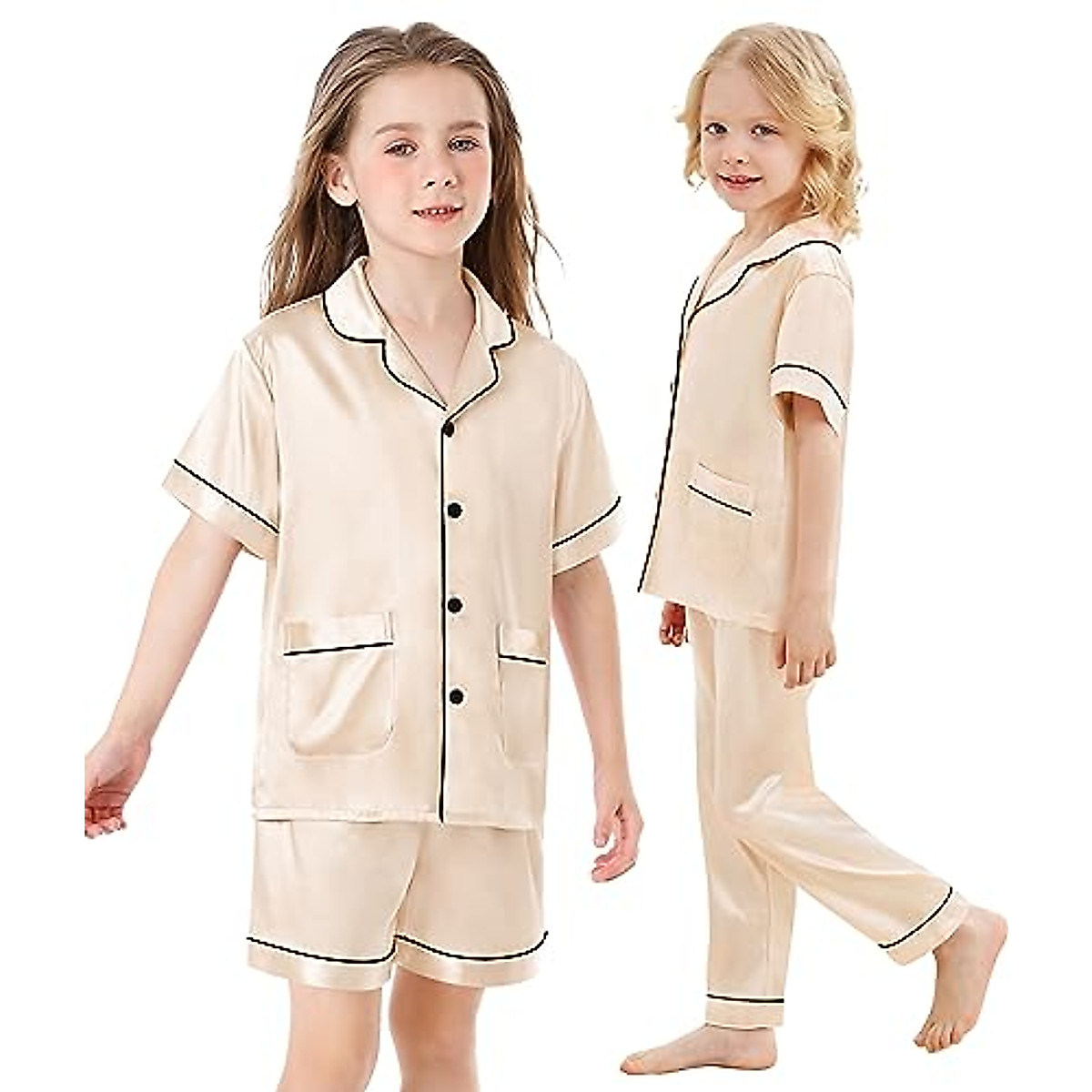 SWOMOG Kids Satin Pajamas Set 3Pcs Girls Boy Silk Pjs Set with 2 Pockets Short Sleeve Cute Button Down Sleepwear 4T-13T Champagne