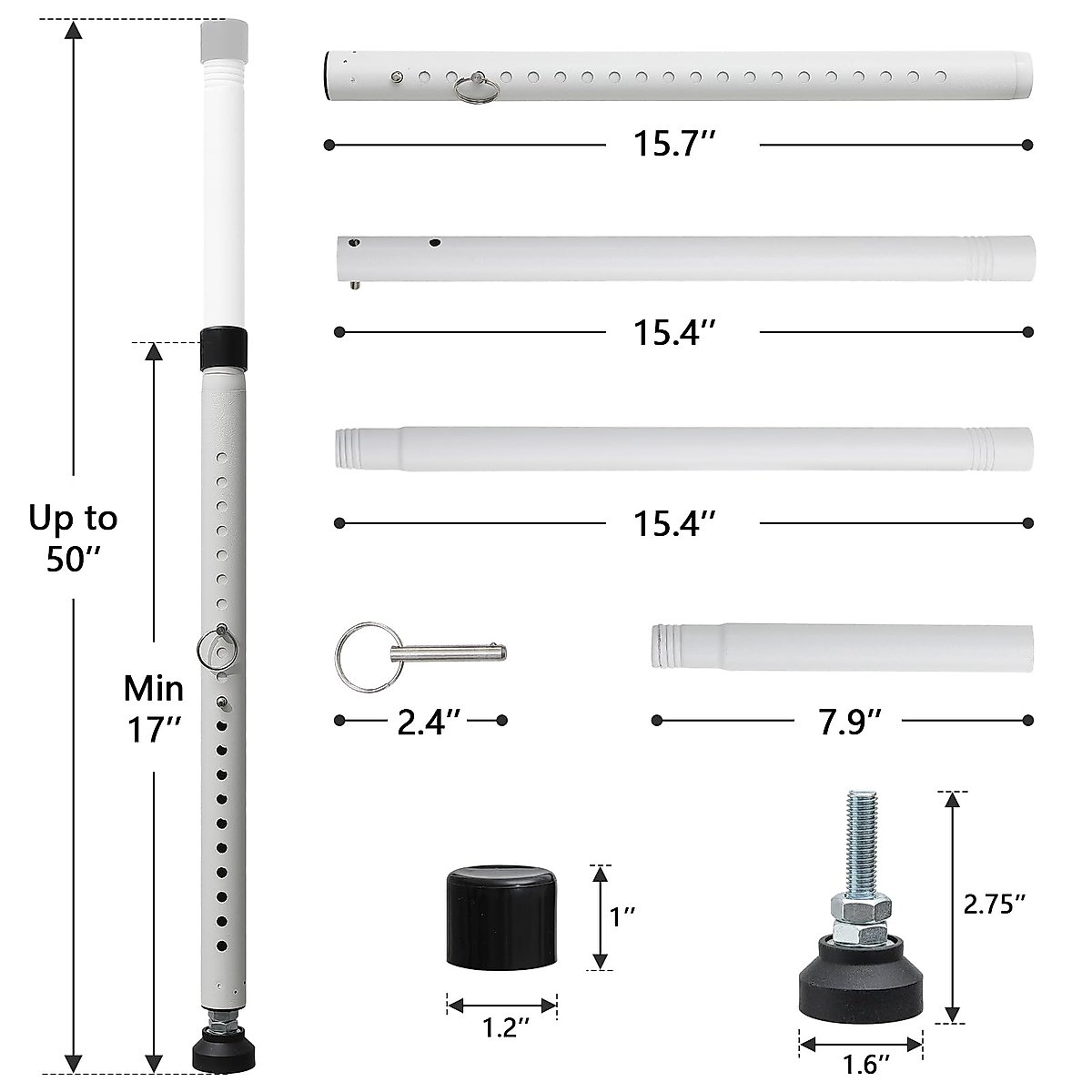 DIIG Sliding Door Security Bar，17.7-50.5inch Adjustable Locking Window Safety Bar with Rubber Tips,Diameter 1inch Window Security Bar for Home Apartment （White）