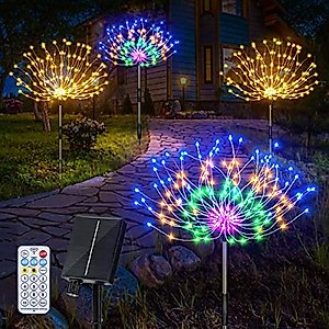 UNIFULL 4 Pack Outdoor Solar Garden Lights,Upgraded Model Fireworks Lights,Colorful & Warm White Interchangeable Solar Garden Lights，120 LED 11 Modes Waterproof Garden Decor，Backyard Decor