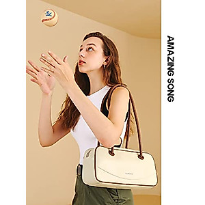 Amazing Song Shoulder Bag for Women, Top Handle Tote Designer Handbag Boston Satchel, Genuine Leather, Smiley Pillow Bag Milk Coffee