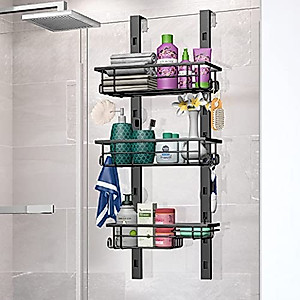 Spaclear Over The Door Shower Caddy, 3-Tier Adjustable Hanging Shower Shelves, Rustproof Stainless Steel with Hook Bathroom Organizer with Soap Holder for Inside Bathroom & Kitchen Storage, Black