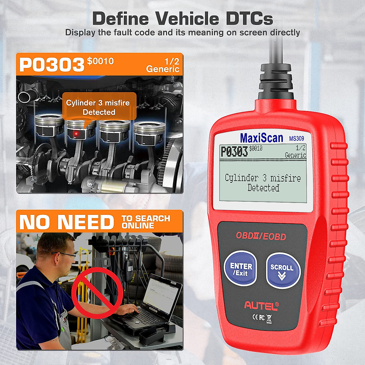 Autel OBD2 Scanner 2023 Newest MS309 Automotive Check Engine Code Reader, Check Emission Monitor Status, CAN Diagnostic Scan Tool for All OBDII Protocol Vehicles After 1996