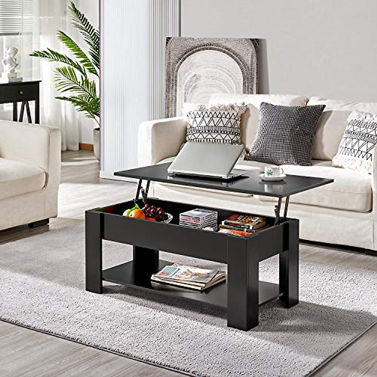 Yaheetech Modern Living Room 3 Pieces Table Sets, Lift Top Coffee Table and End Table Sets for Home and Office, Easy Assembly Accent Furniture with Hidden Compartment and Open Storage Shelf, Black