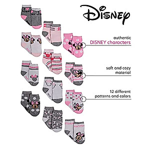 Disney Baby Girls Socks - 12 Pack Soft Newborn Baby Socks Character Prints - Cute Newborn and Infant Socks, 0-24M, Size 12-24 Months, Minnie Mouse Pink/Grey