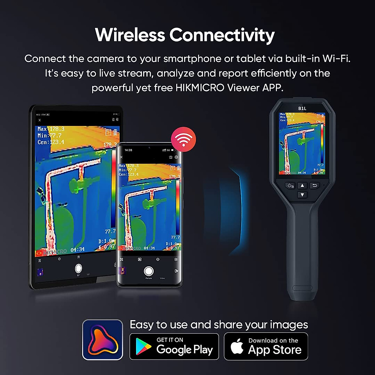 HIKMICRO B1L 160 x 120 IR Resolution Thermal Imaging Camera with WiFi, 25Hz Refresh Rate, 3.2" LCD Screen, Handheld 19200 Pixels Infrared Thermal Imager with High Temperature Alarm