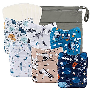 babygoal Reusable Cloth Diapers for Baby Boys, One Size Adjustable Washable Pocket Nappy Covers 6 Pack+6pcs Bamboo Inserts+Wet Bag 6FB36