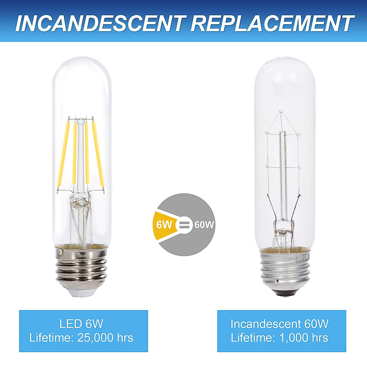 Simba Lighting LED T10 Tubular Edison Filament Light Bulbs (3 Pack) 6W Dimmable 60W Equivalent 120V for Cabinet Display, Piano Lamps, Clear Glass Decorative, Standard E26 Base, Natural White 4000K