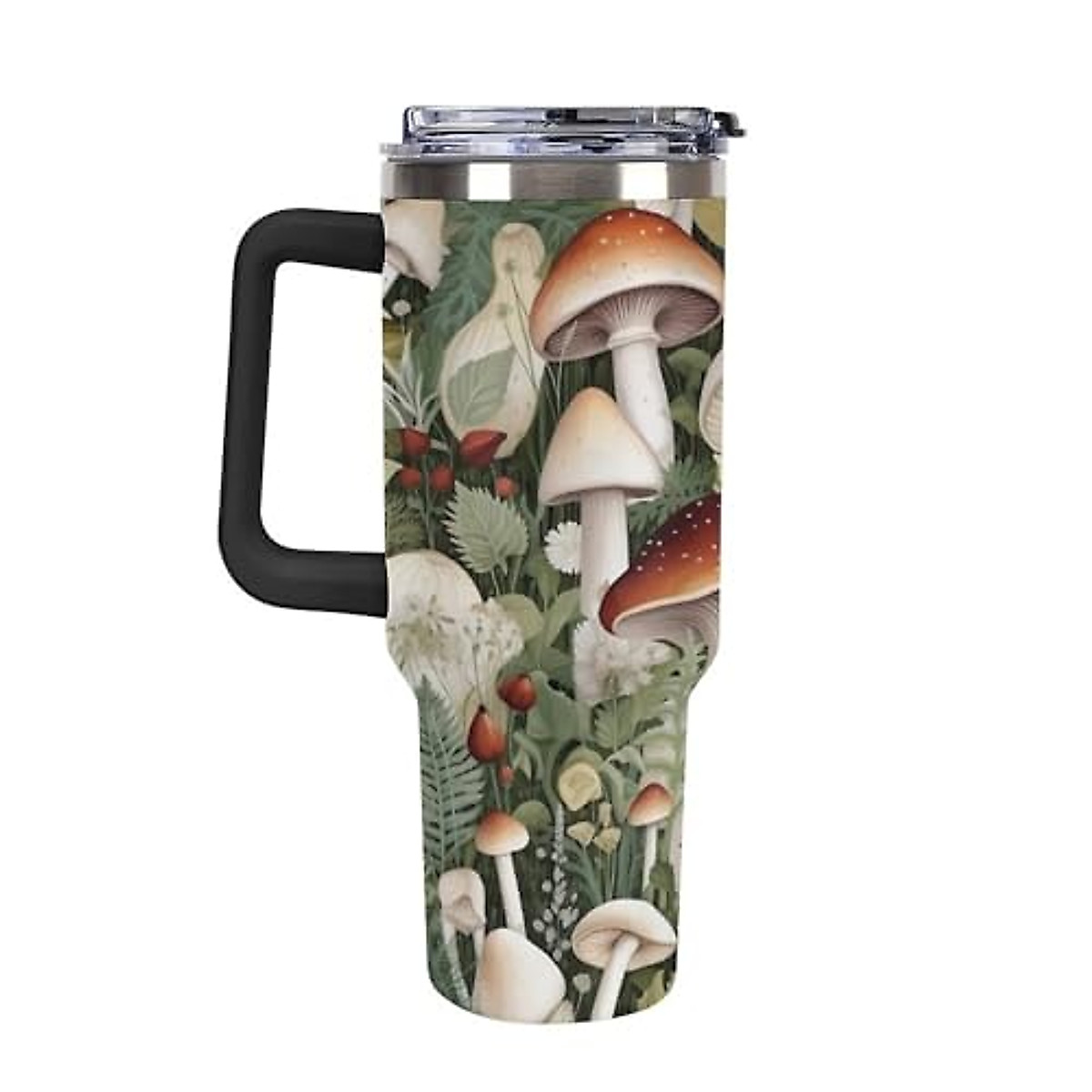 40 Oz Mushroom Plant Insulated Stainless Steel Tumbler with Handle & Straw Lid, Reusable Travel Cupholder Friendly Mug for Coffee, Water, Tea
