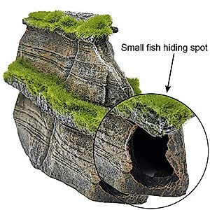 PINVNBY Aquarium Rock Cave, Hollow Fish Tank Ornament, Betta Hiding Hut Resin Mountain Landscape with Moss for Shrimps Guppies Cichlids Playing Resting