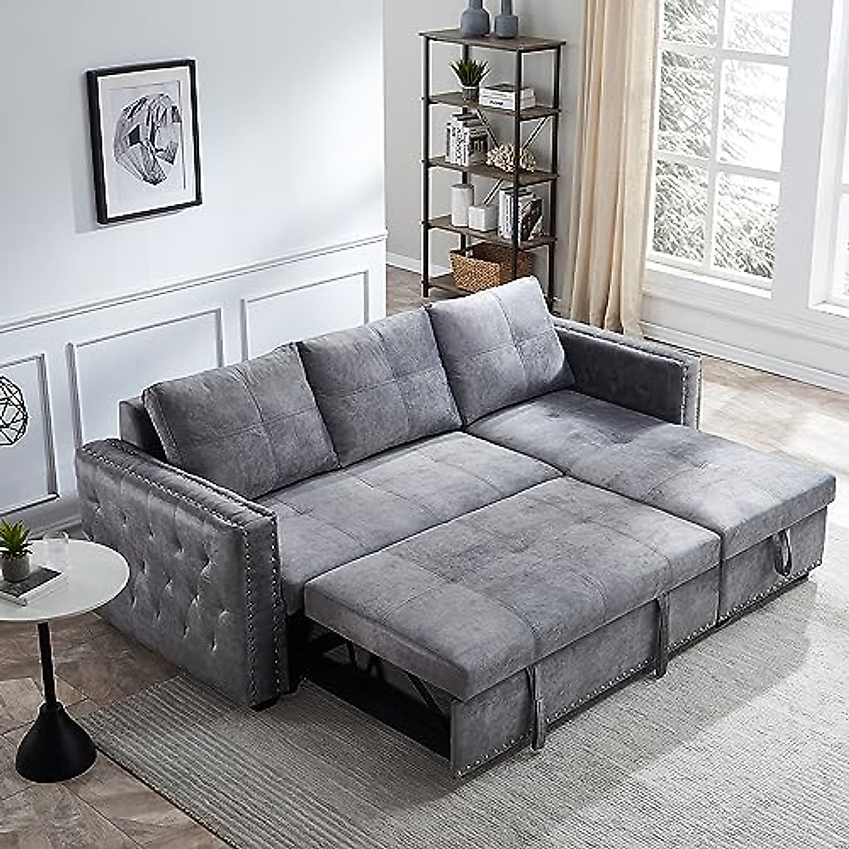 Morden Fort Sleeper Sectional Sofa [Large Size] Reversible Storage L-Shape Chaise 3 Seat Sectional Couch with Put Out Bed Velvet Gray