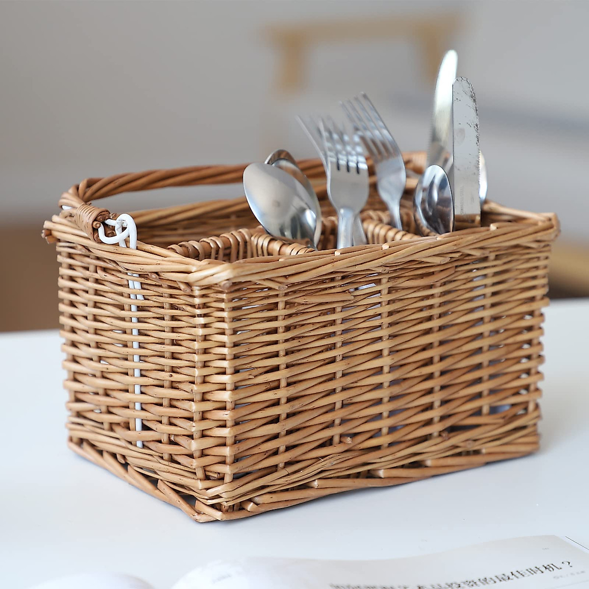 JJSQYLAN Wicker Utensil Caddy Cutlery Holder Flatware Caddy for Kitchen Dining Table, Restaurant, Cabinet, Pantry - Holds Knives, Forks, Silverware, Serving Utensils (wicker-1pcs)